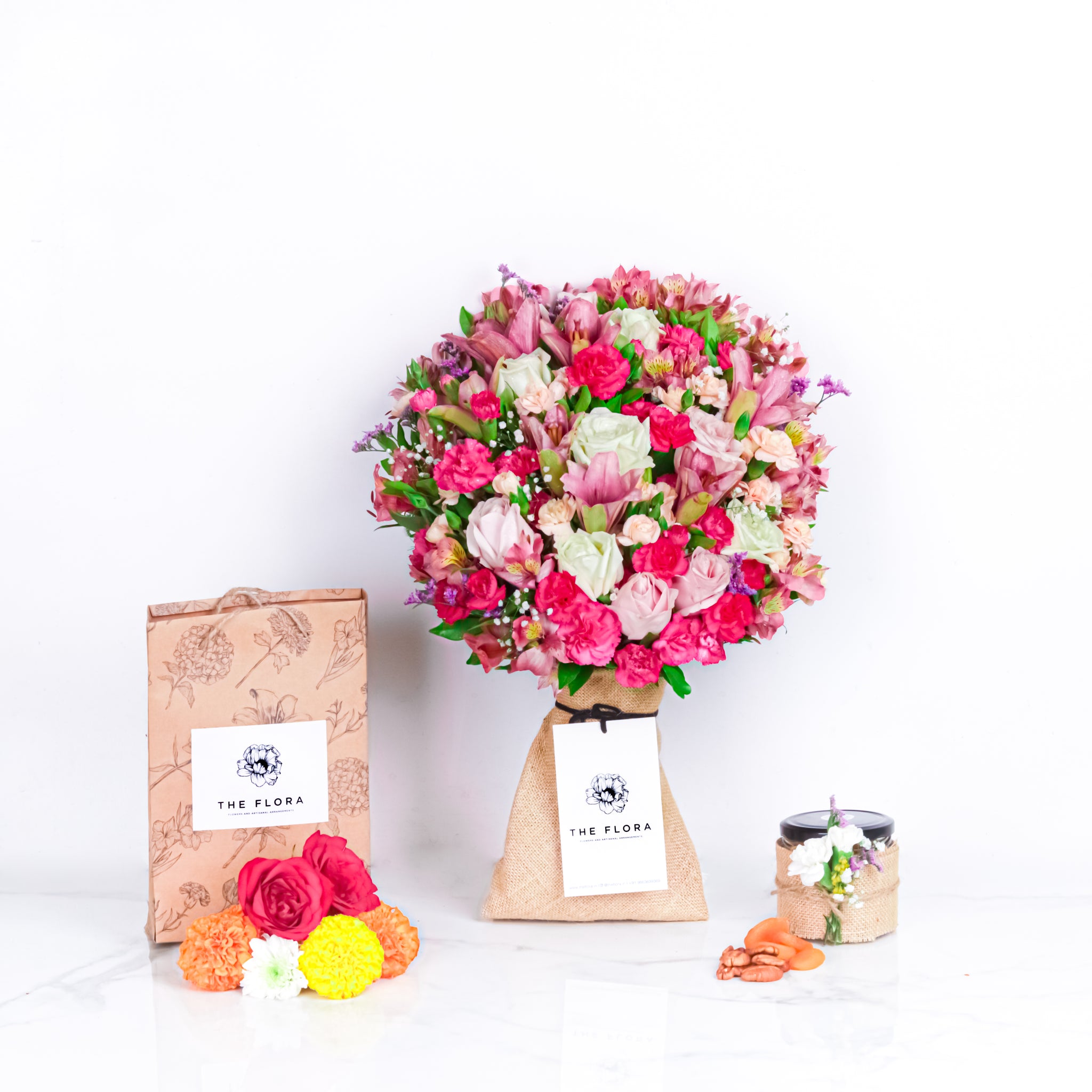 Diwali Treasure Trove (Bouquet with Puja flowers, Dried Apricots & Pec